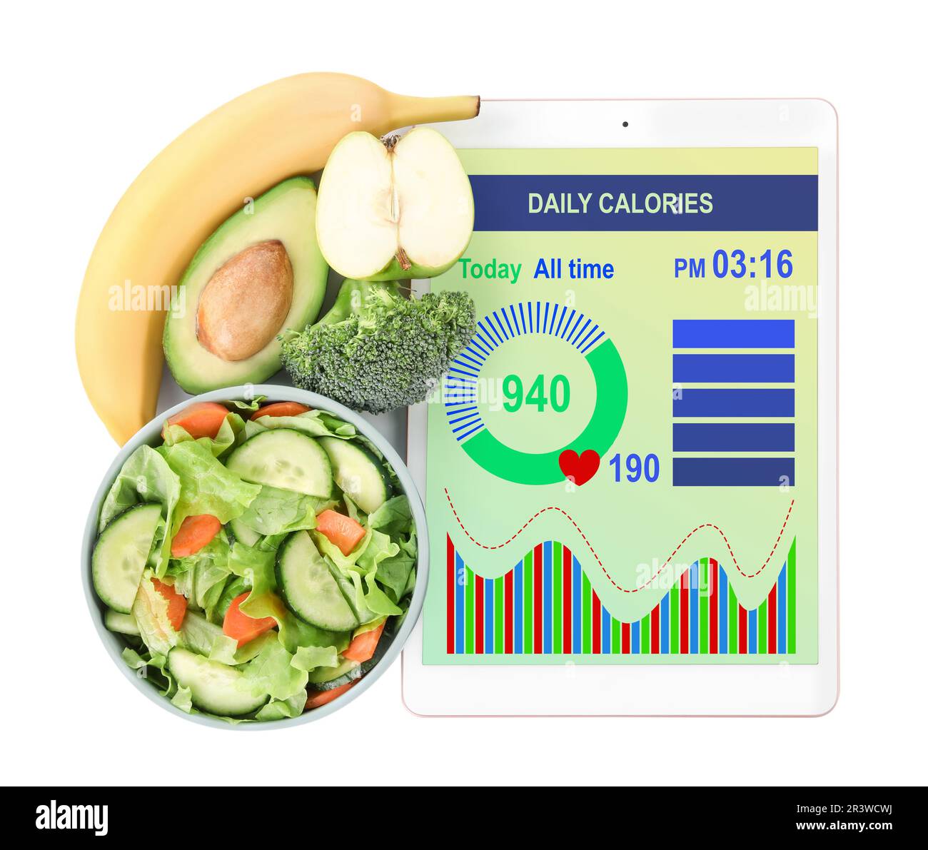 Tablet with weight loss program and different products on white ...