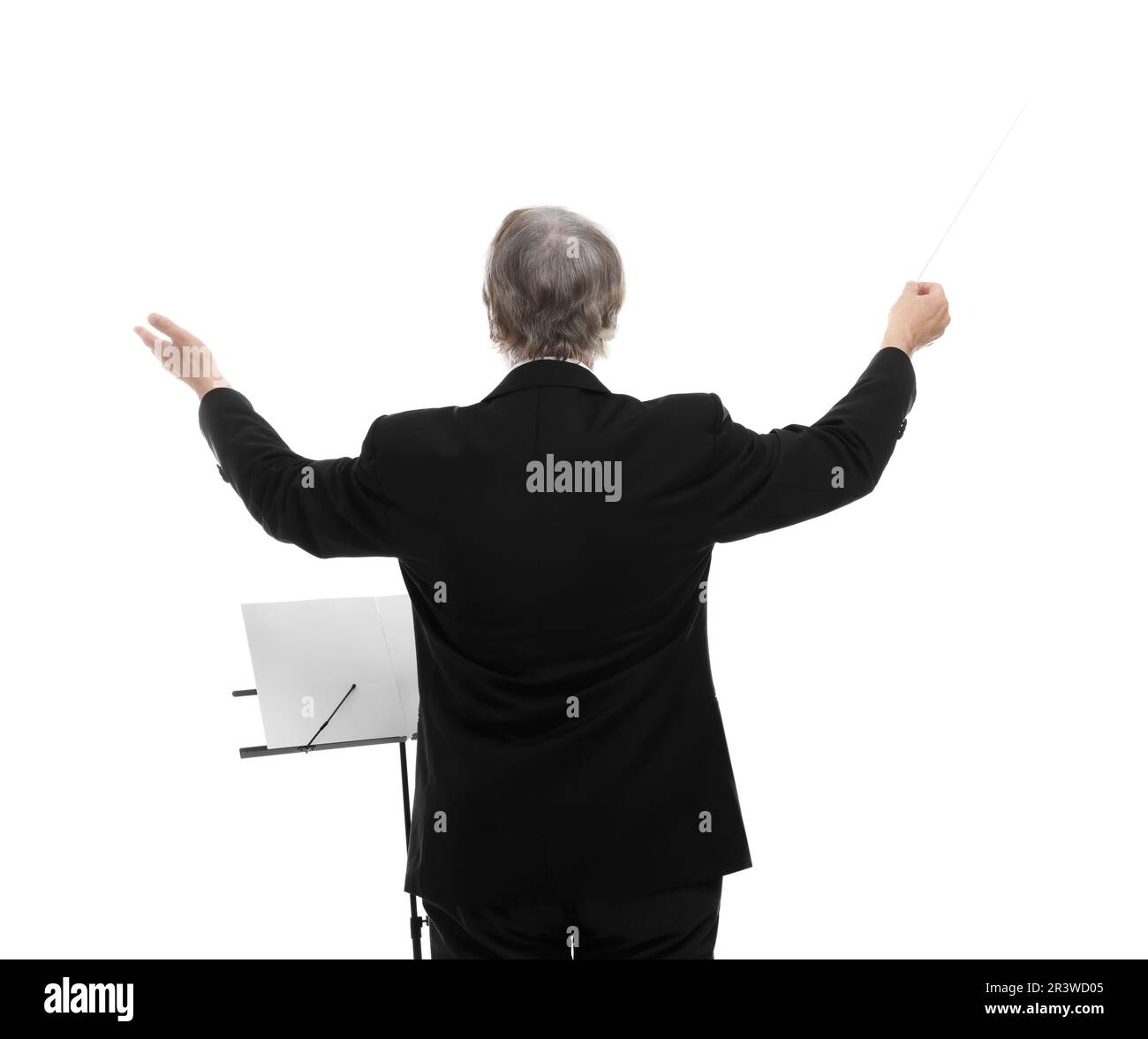 Professional conductor with baton and note stand on white background ...