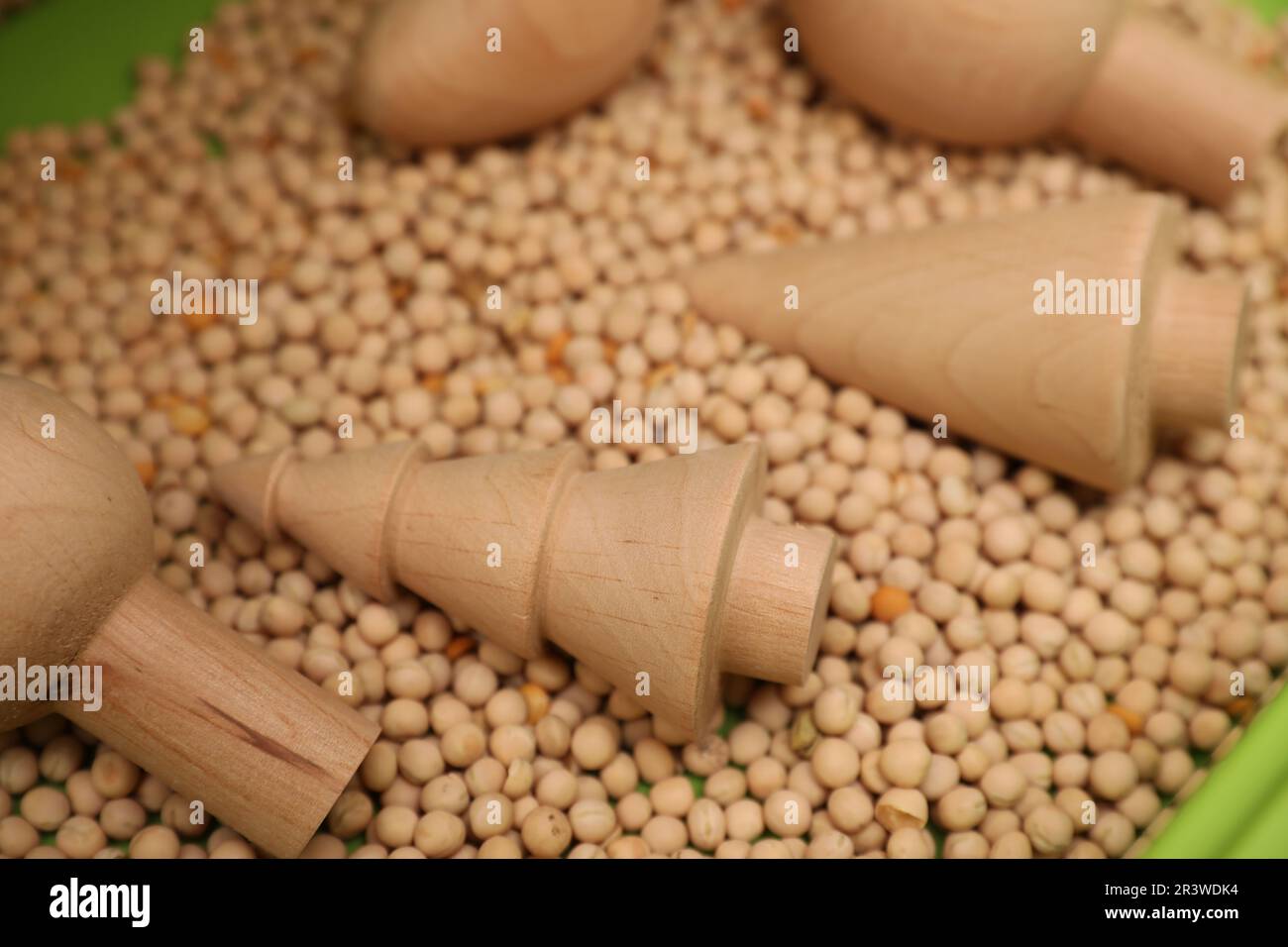 Sensory tray with dried chickpeas and wooden figures, closeup ...