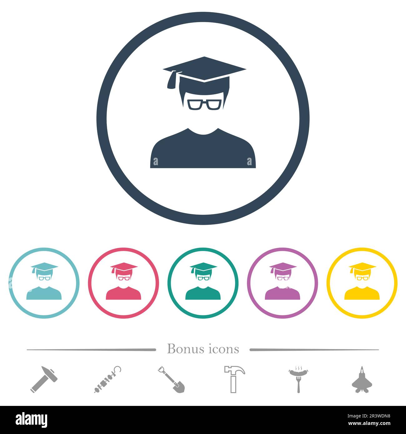 Graduate male avatar flat color icons in round outlines. 6 bonus icons ...