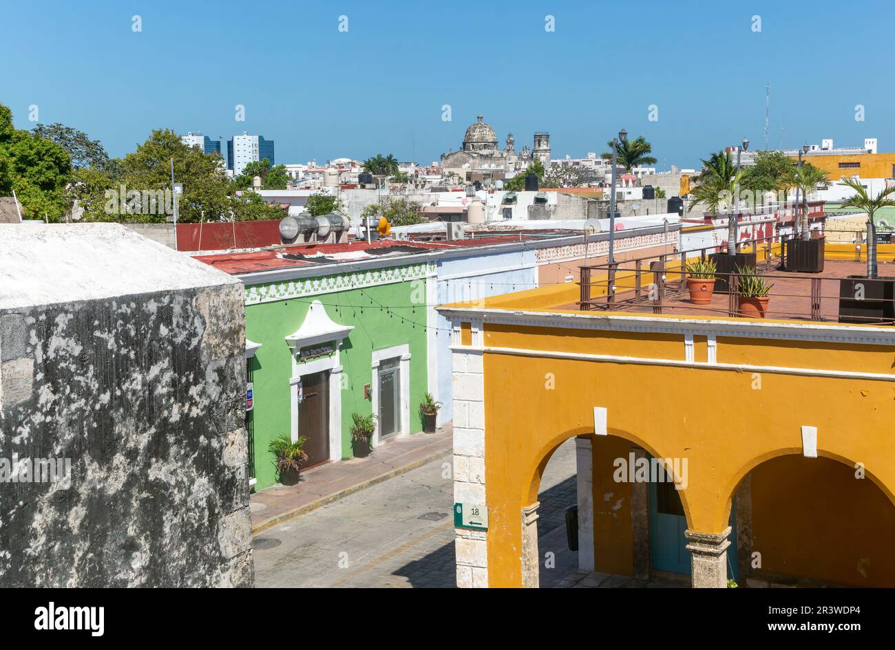 View from city wall over Spanish colonial buildings in the old city of ...