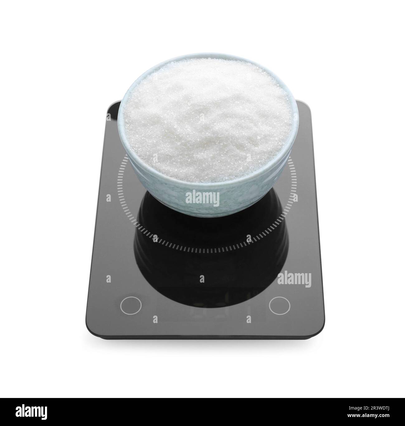Modern kitchen scale with bowl of sugar isolated on white Stock Photo ...