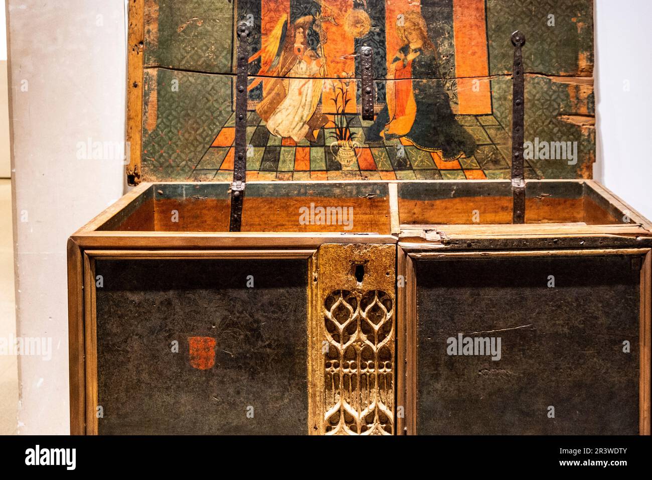 Bridal chest with an image of the annunciation Stock Photo - Alamy