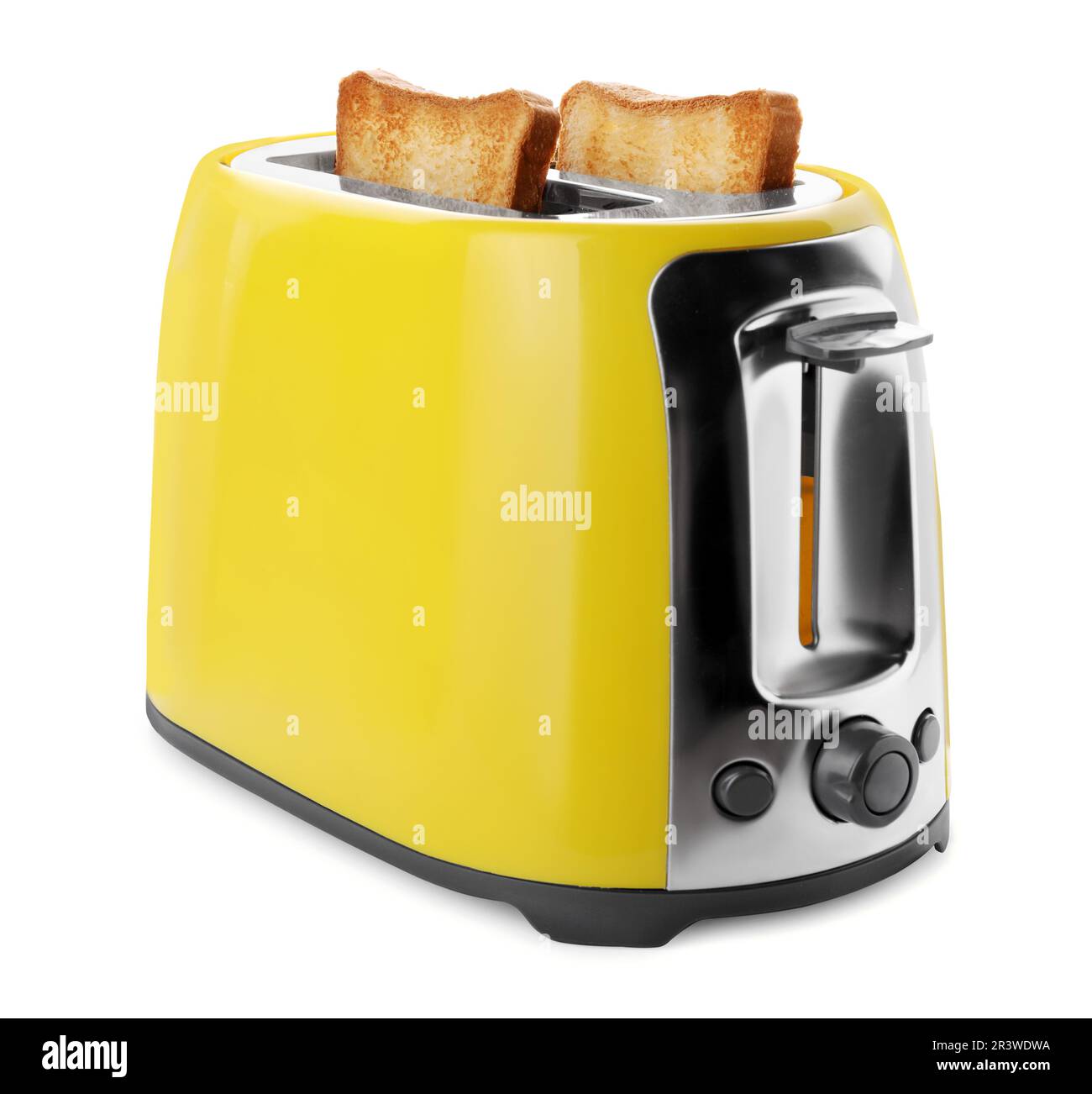 Yellow toaster with roasted bread slices on white background Stock ...