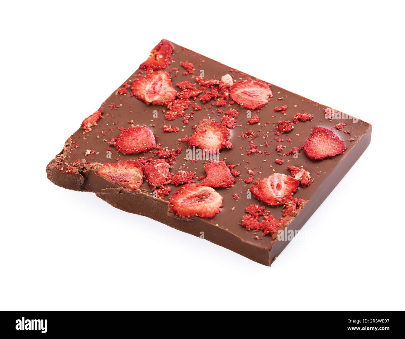 Half of chocolate bar with freeze dried strawberries isolated on white ...