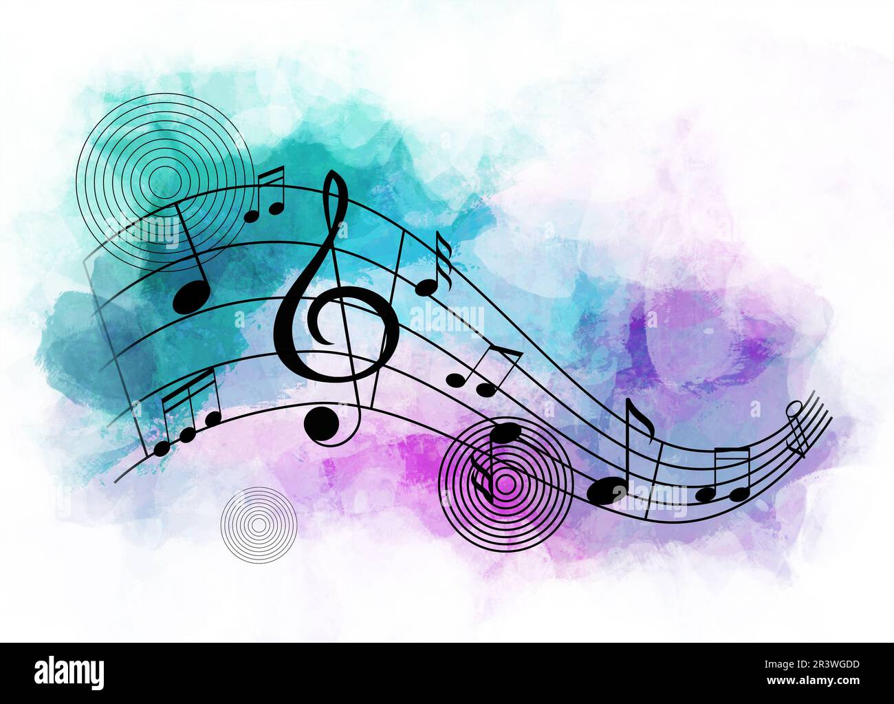 Staff with music notes and treble clef on color background Stock Photo ...