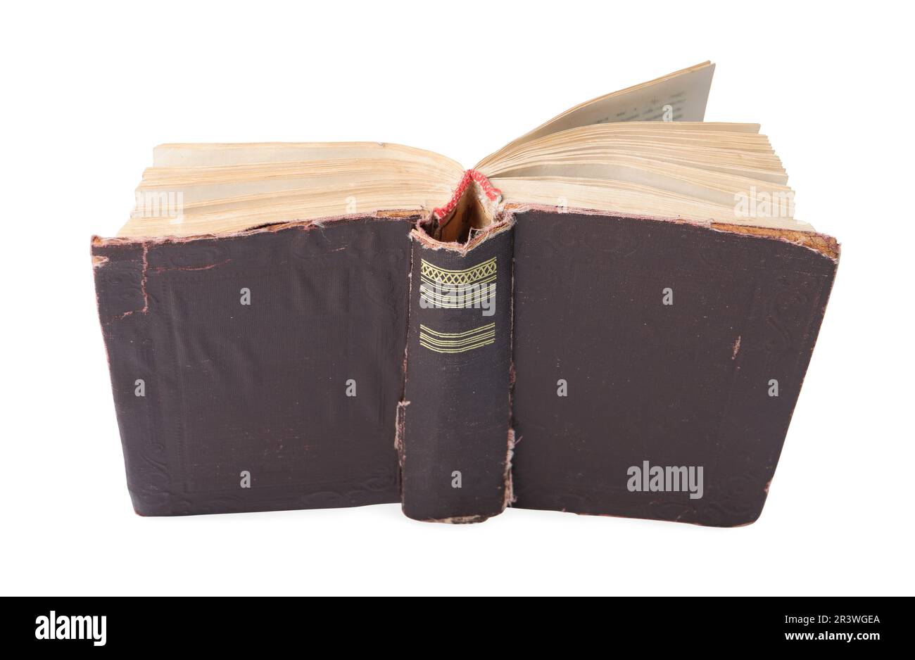 Open old hardcover book isolated on white Stock Photo - Alamy