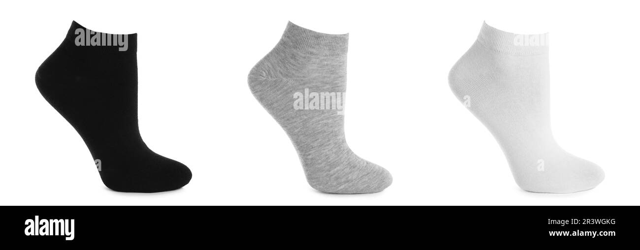 Set with different socks on white background. Banner design Stock Photo ...