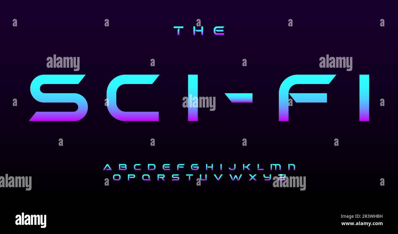 Vibrant sci-fi alphabet, simple futuristic letters. Modern font for EDM logo, club headline in ...