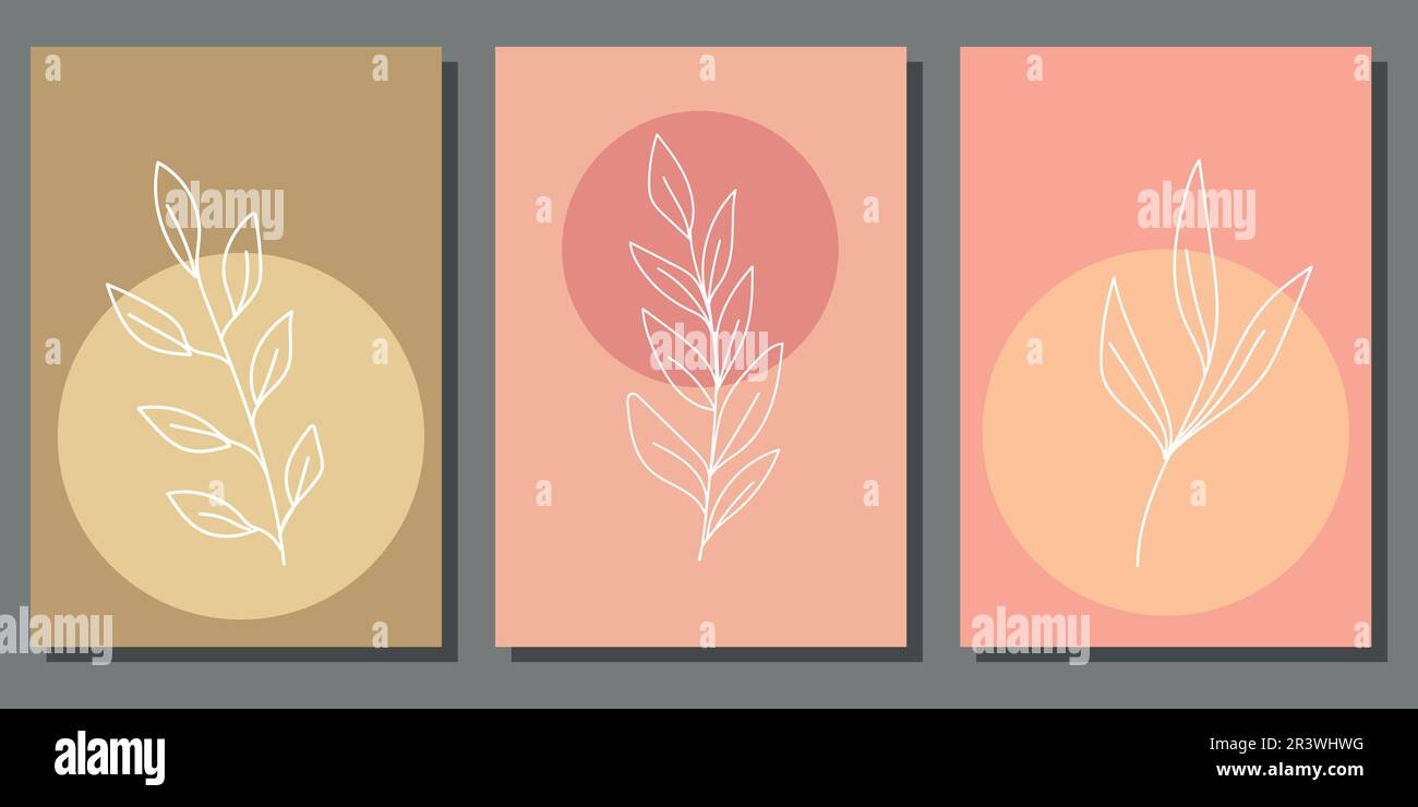 Set of creative minimalist paintings with hand drawn botanical elements ...