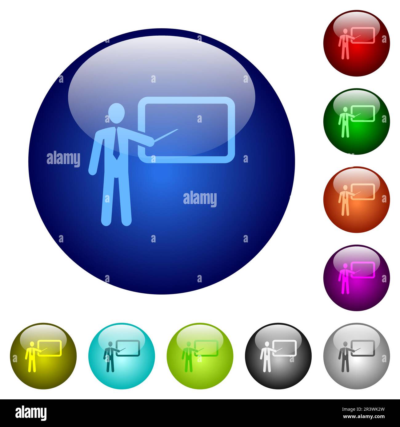 Training icons on round glass buttons in multiple colors. Arranged ...