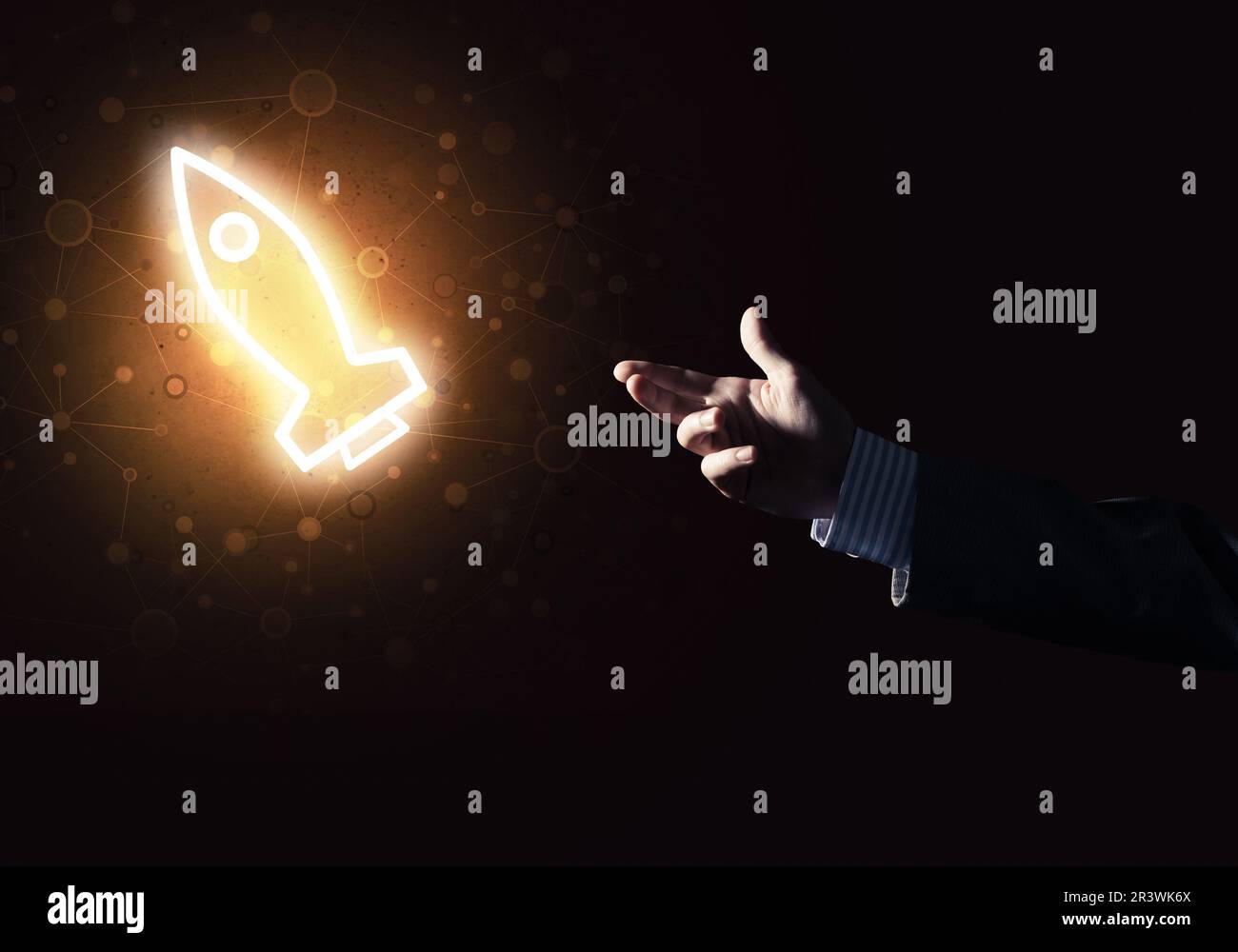 Man palm presenting Rocket web icon as technology concept Stock Photo ...