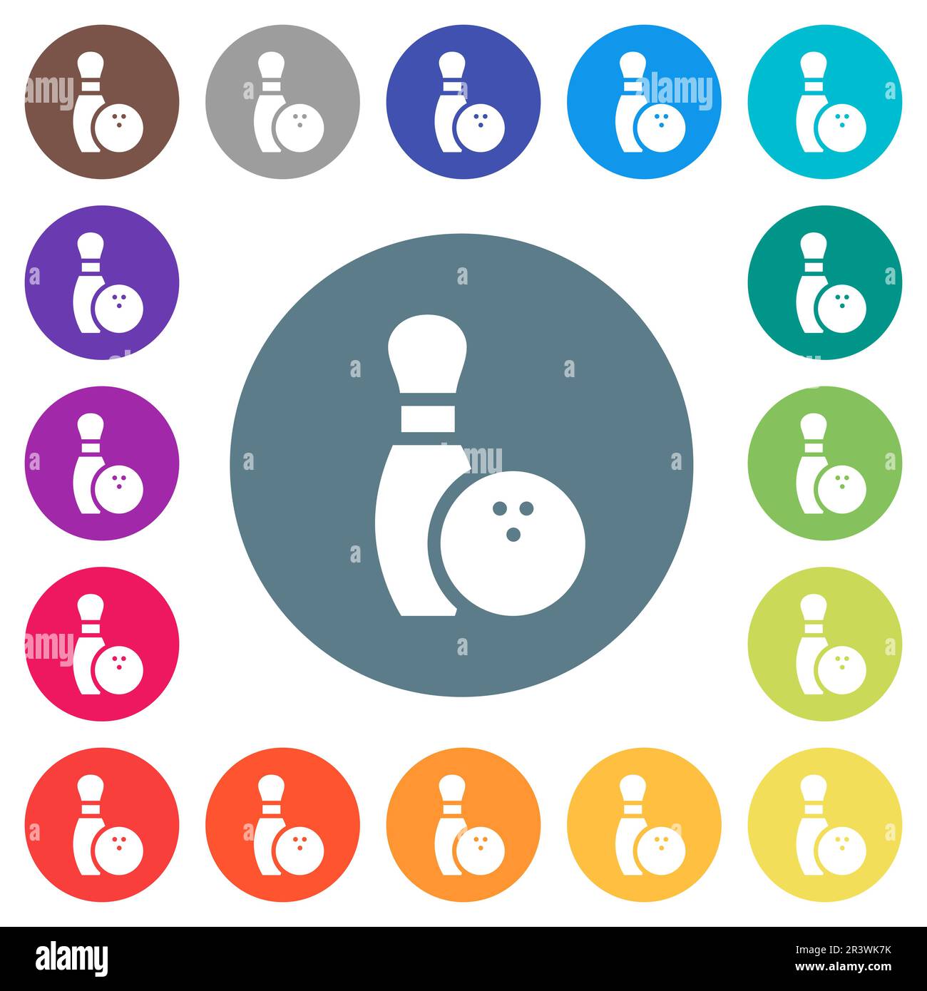 Bowling pin and ball solid flat white icons on round color backgrounds ...