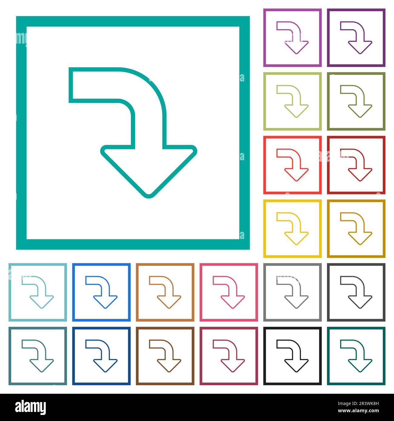 Right bottom side turn arrow outline flat color icons with quadrant ...
