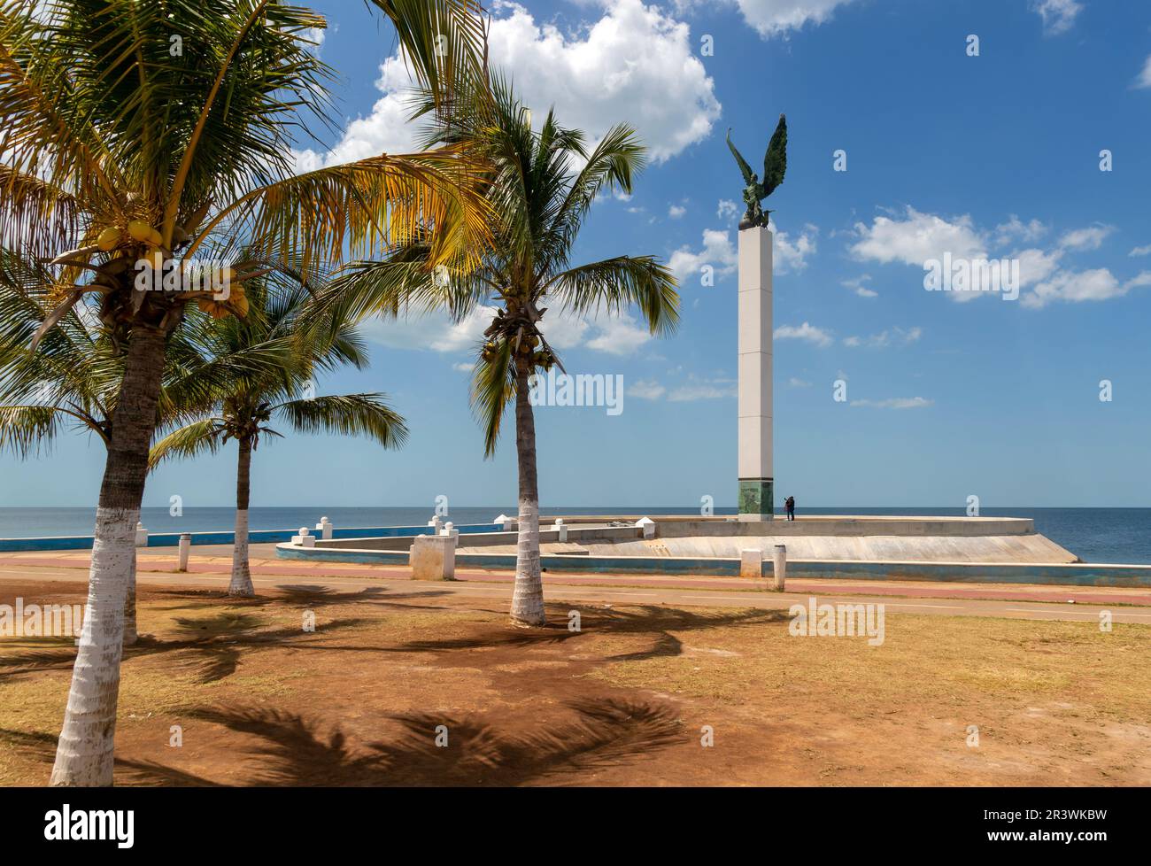Sculpture of winged Mayan Angel on tall column, the seafront Malecon ...