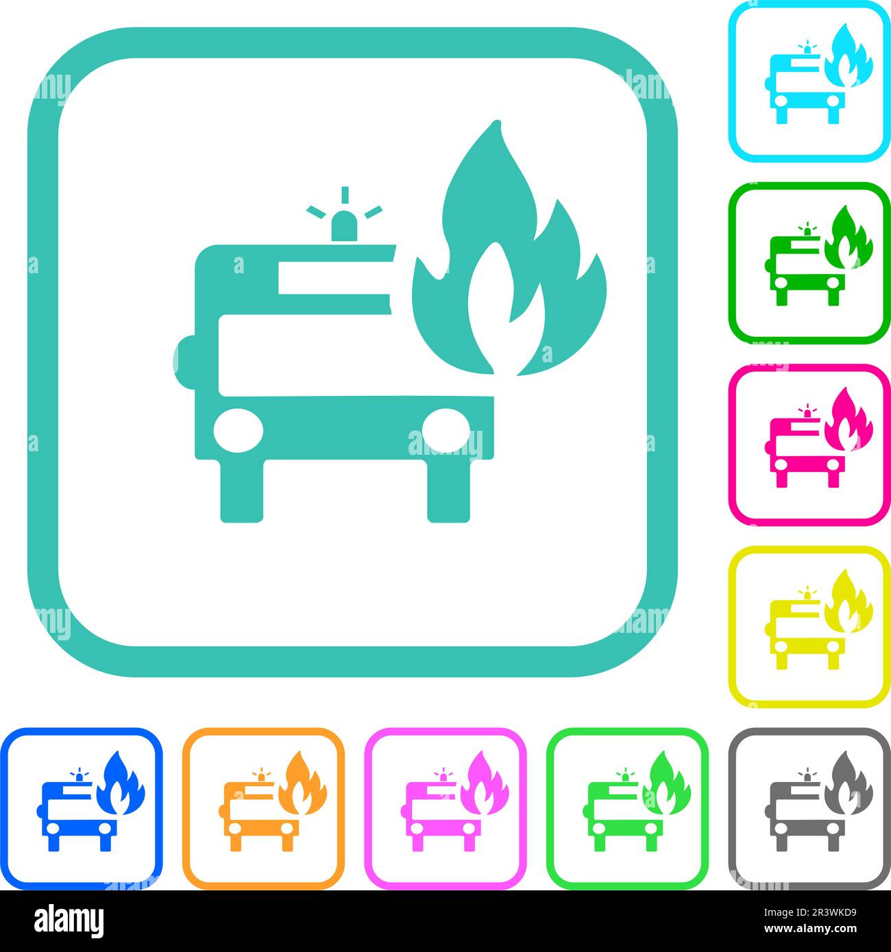 Fire engine with flame vivid colored flat icons in curved borders on ...