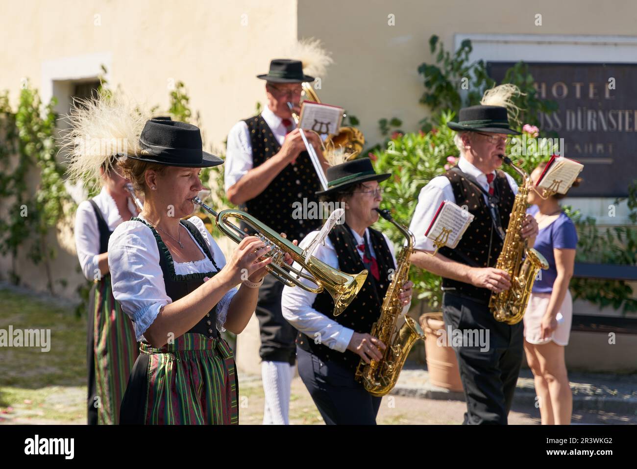 Members of the brass band DÃ¼rnstein in traditional costumes during a ...