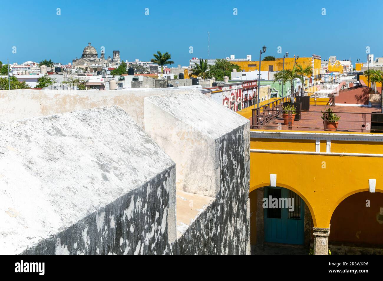 View from city wall over Spanish colonial buildings in the old city of ...