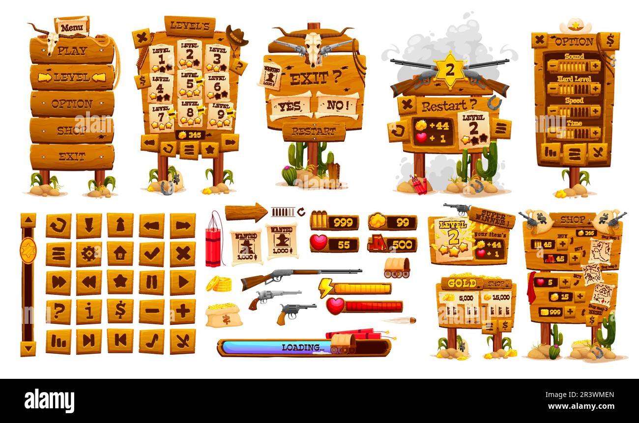 Wild west game app interface, western gui asset and wooden buttons ...