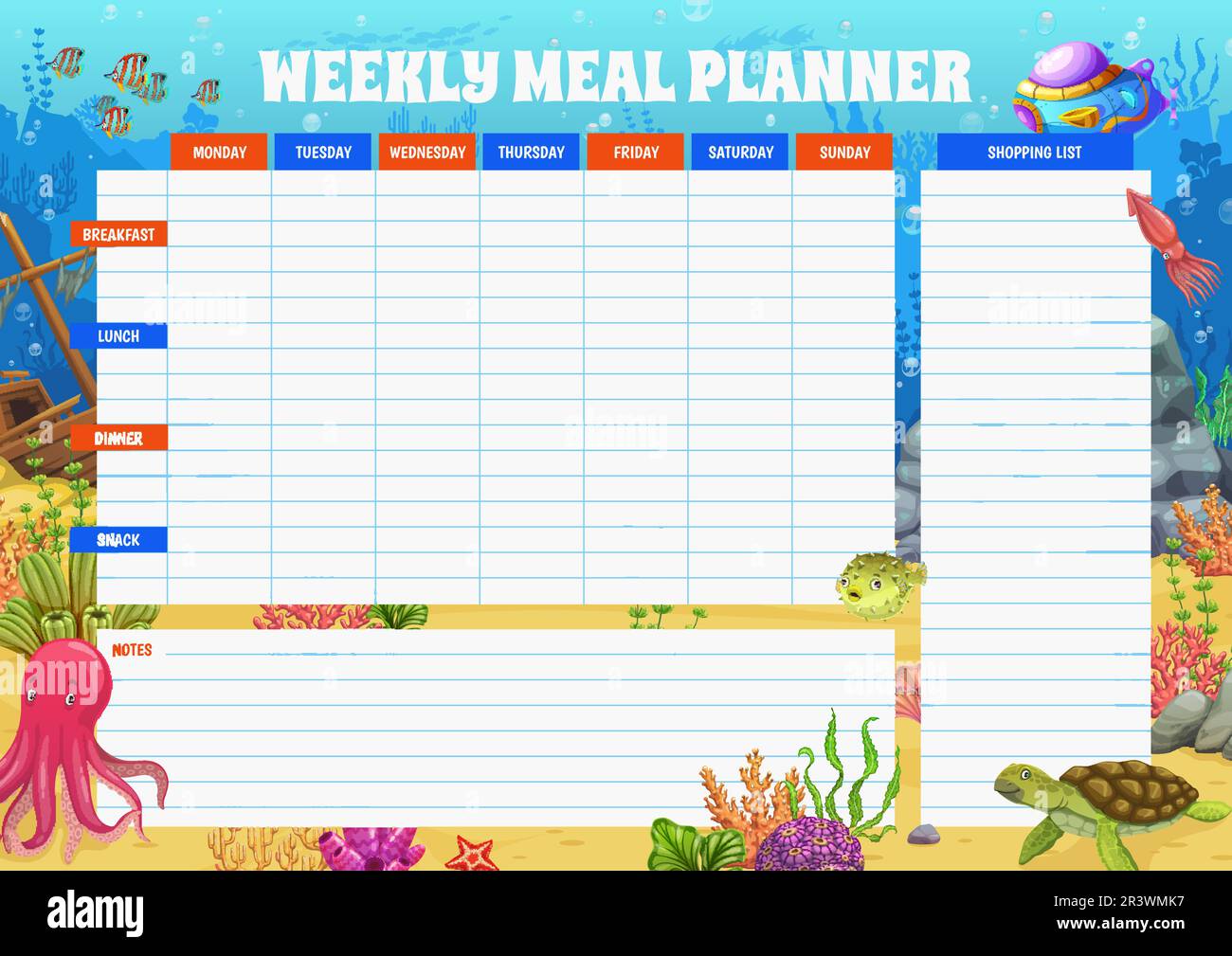 Weekly meal planner. Cartoon sea underwater animals and landscape. Diet ...
