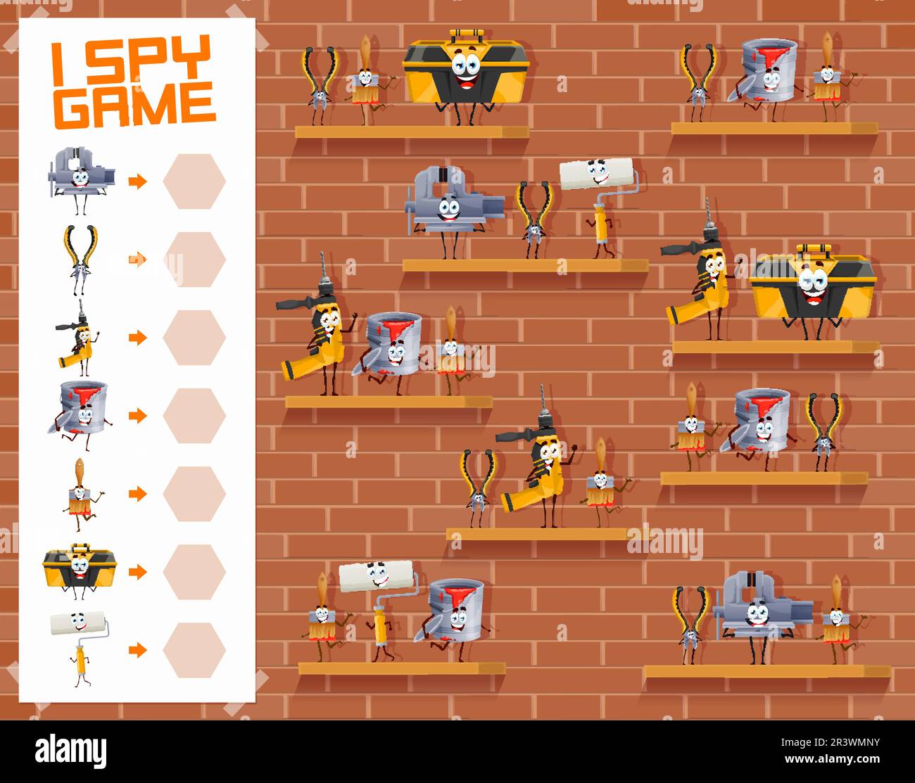 I spy game cartoon repair DIY work tool characters, vector kids quiz ...