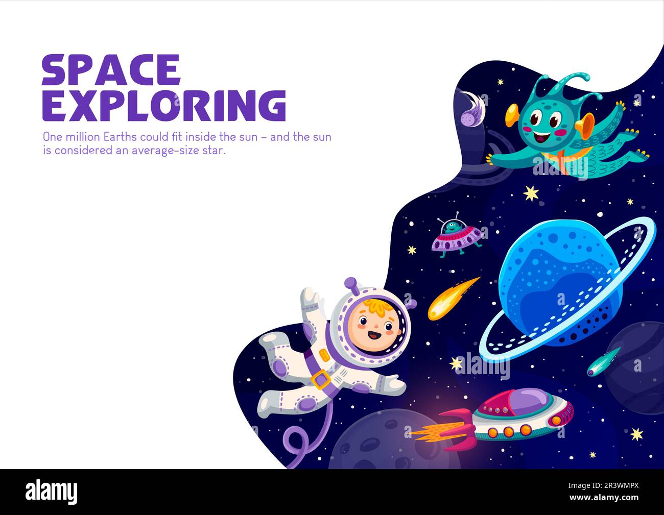 Cartoon space poster, kid astronaut and alien in outer space. Astronomy ...