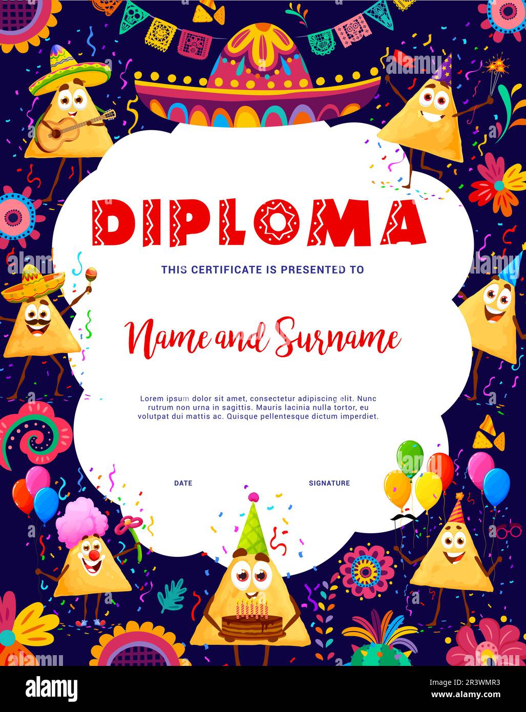 Kids birthday diploma. Mexican nachos chips characters on holiday party ...
