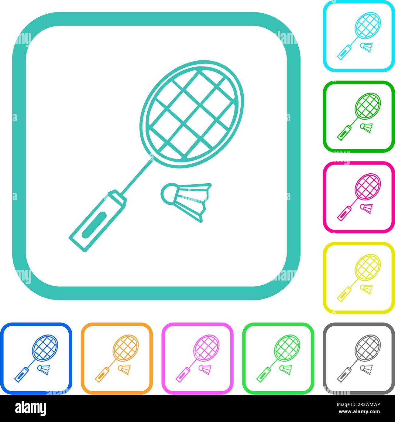 Badminton racket and shuttlecock outline vivid colored flat icons in ...