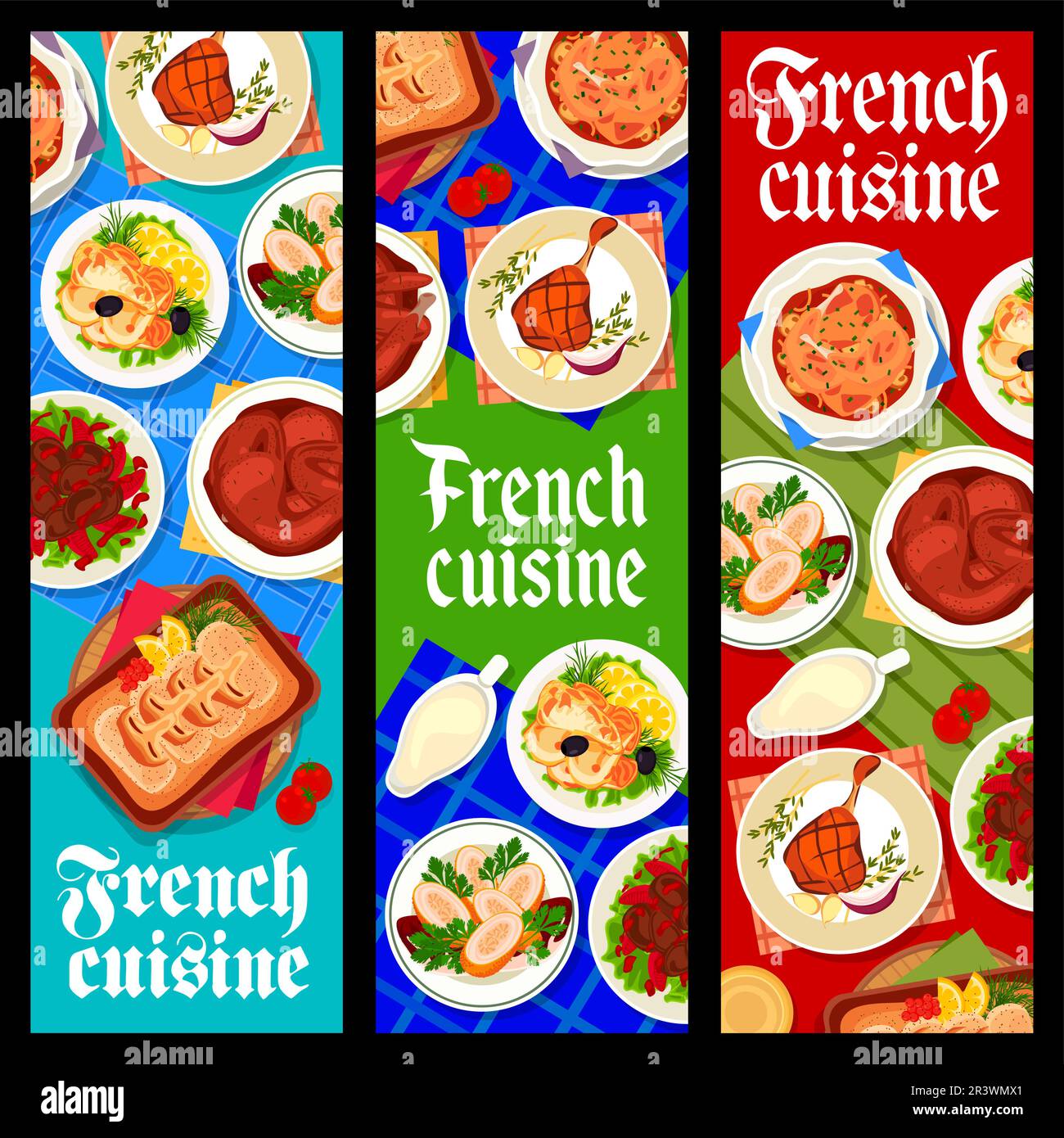 French cuisine restaurant meals banners. Cod with Bechamel sauce, duck ...