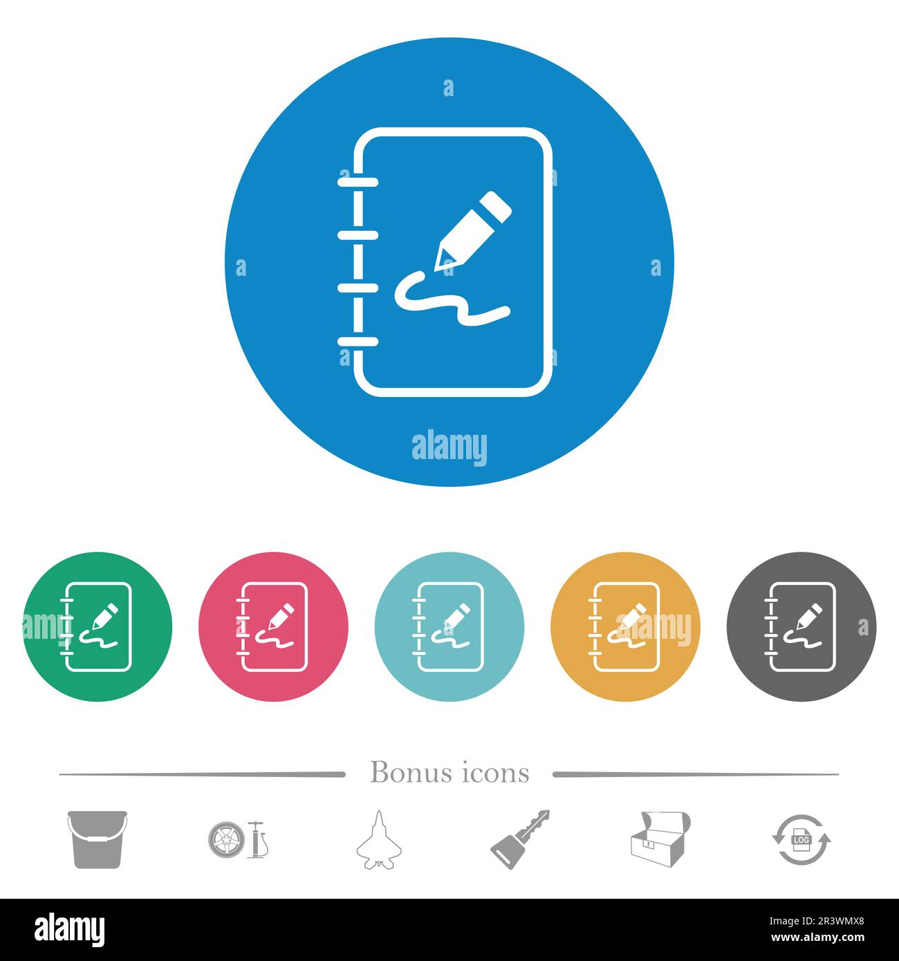 Spiral notepad with drawing flat white icons on round color backgrounds ...