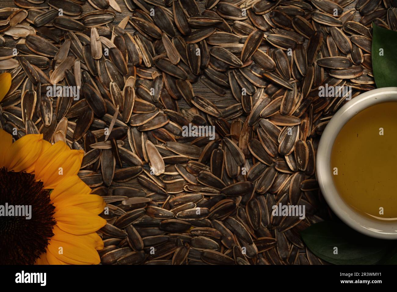 Organic sunflower oil in a small bowl with sunflower seeds and fresh ...