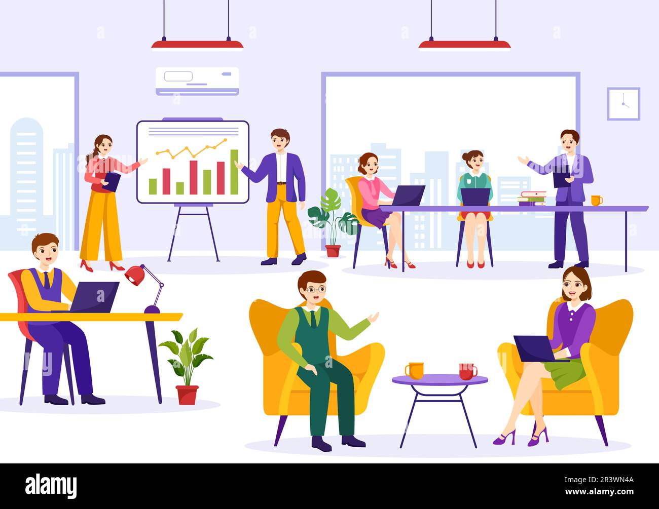 Coworking Business Vector Illustration with Colleagues Talking, Meeting and Working at the ...