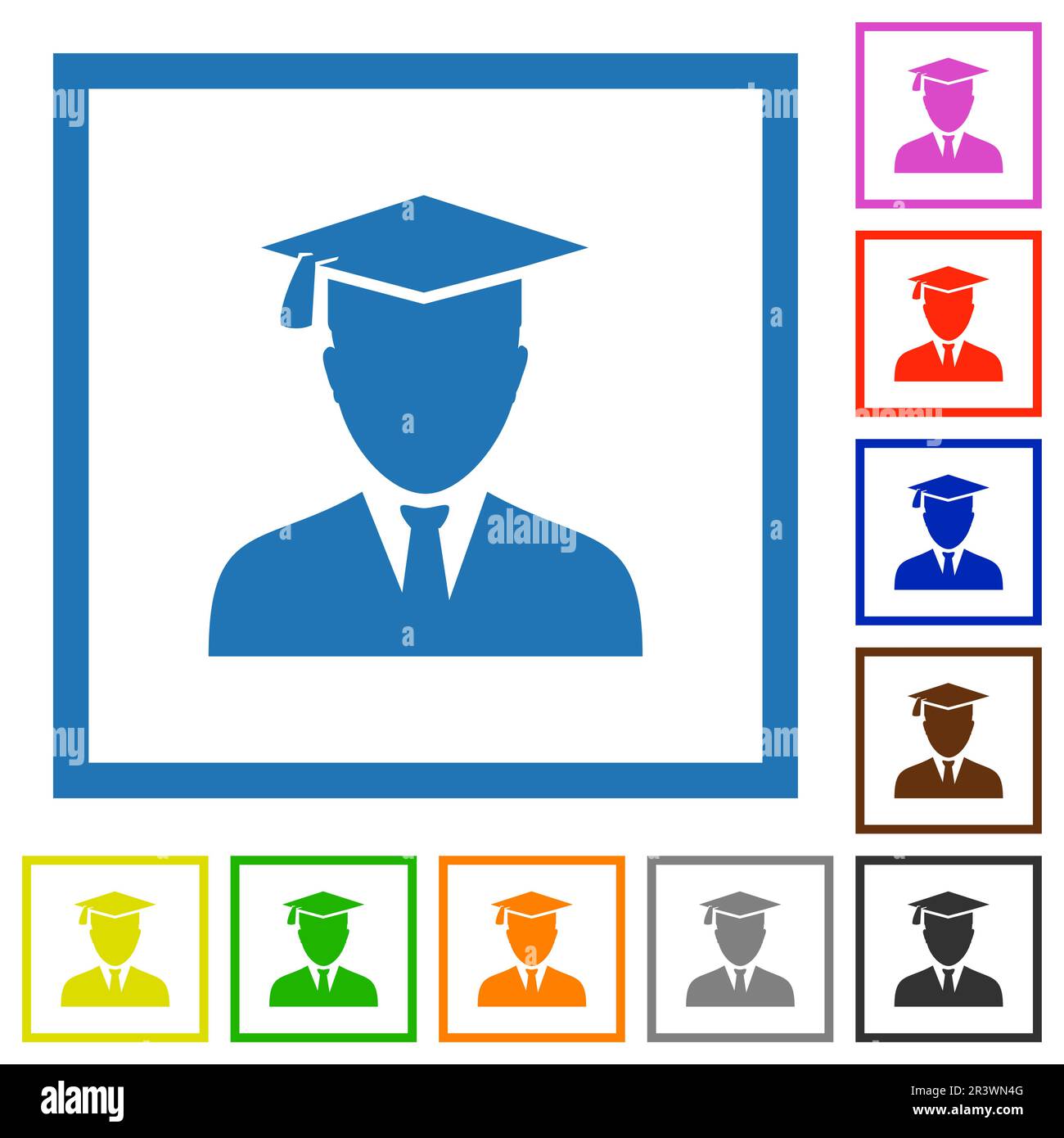 Graduate avatar flat color icons in square frames on white background ...