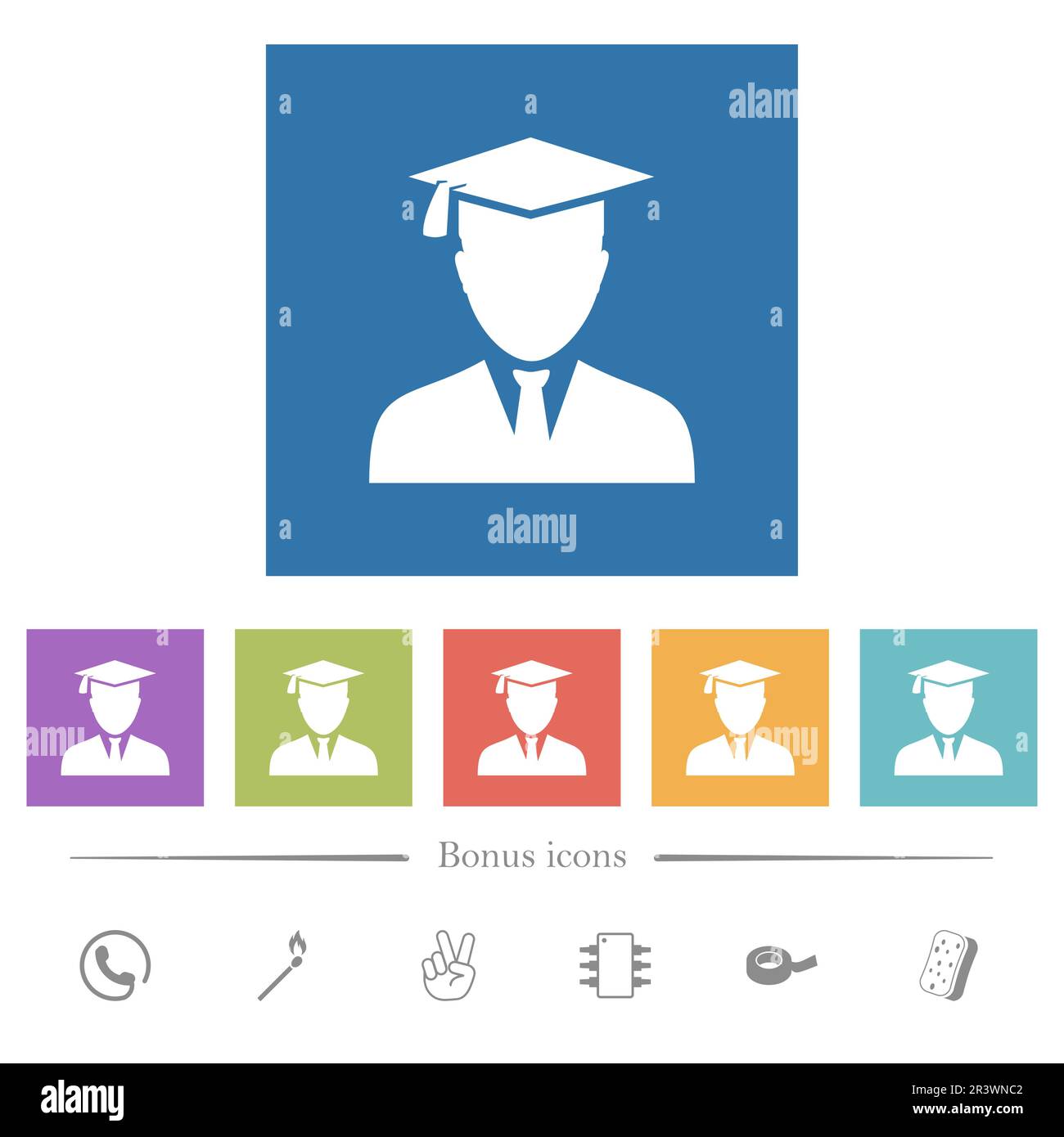Graduate avatar flat white icons in square backgrounds. 6 bonus icons ...