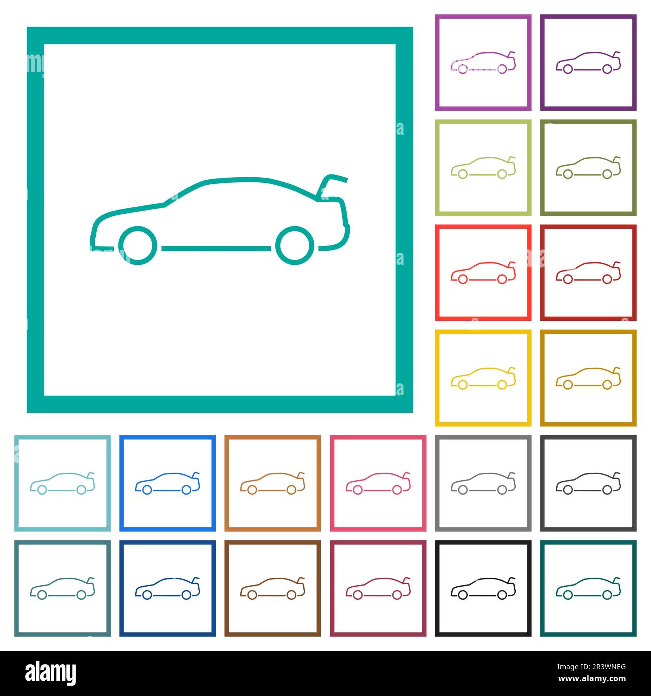 Car trunk open dashboard indicator flat color icons with quadrant frames on white background ...