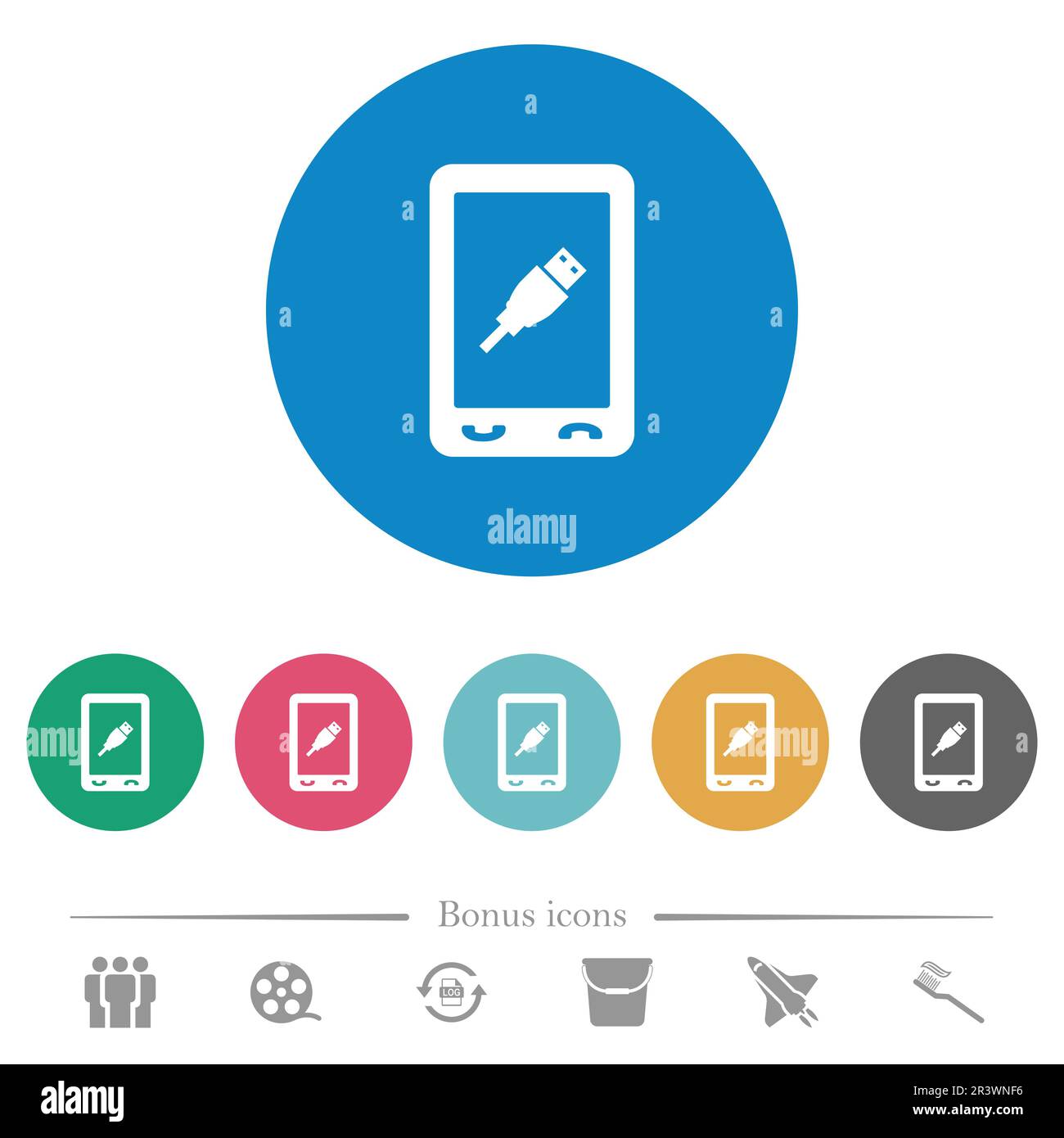 Mobile usb connection flat white icons on round color backgrounds. 6 ...