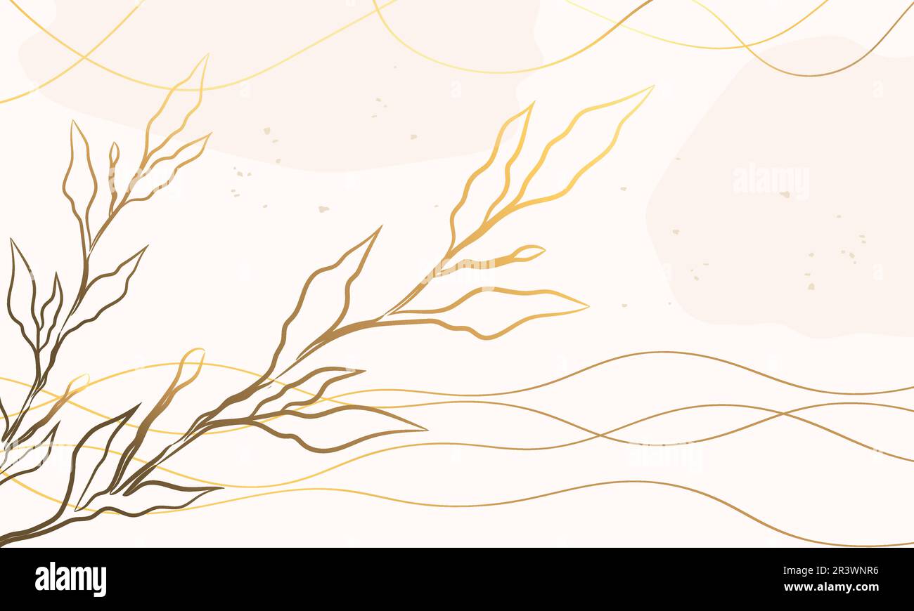 Gold and beige background with plants. Flower outline. Hand drawn ...