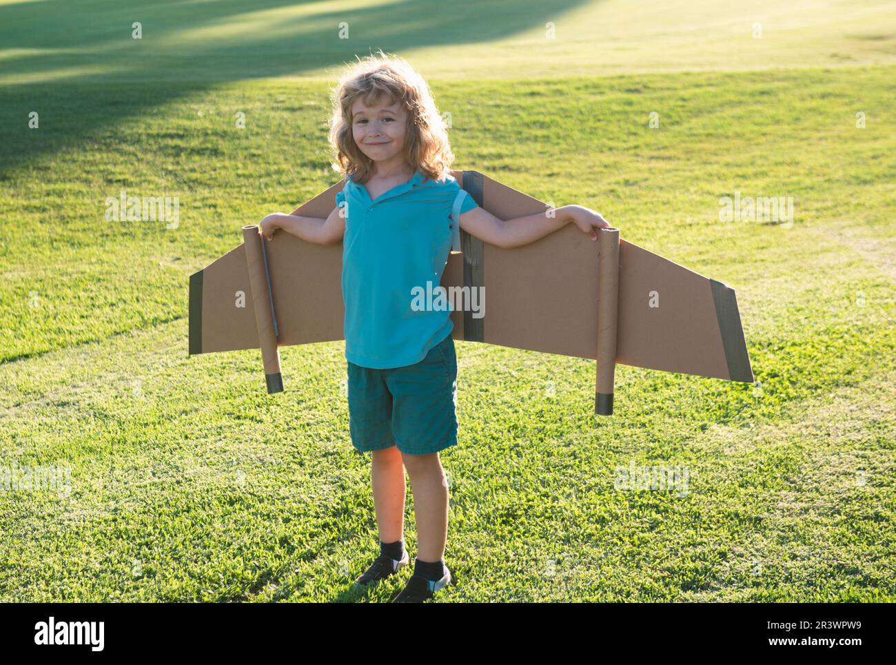 Child playing with toy jetpack. Child pilot astronaut or spaceman ...