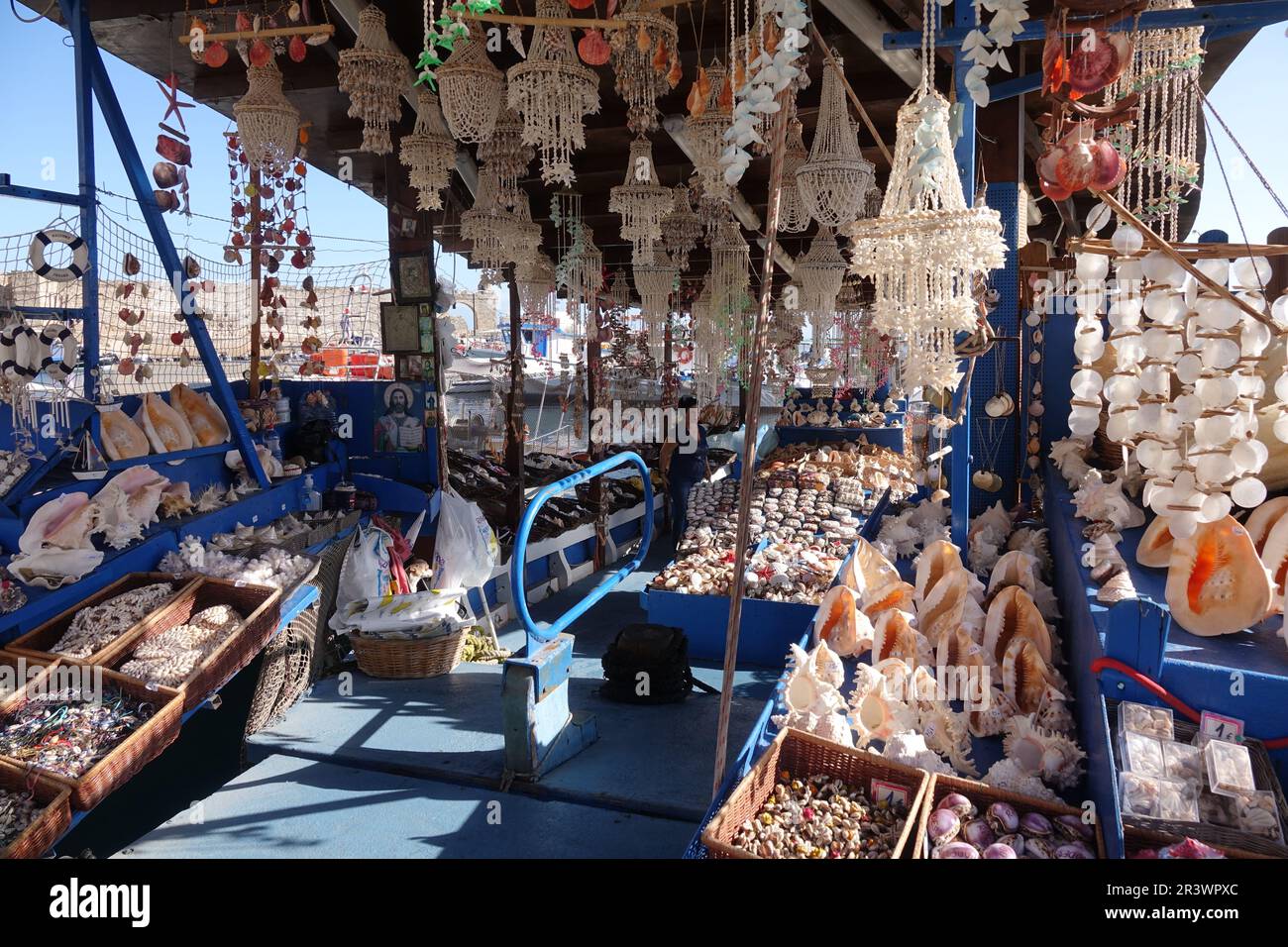 Boat with stall in Rhodes town Stock Photo - Alamy