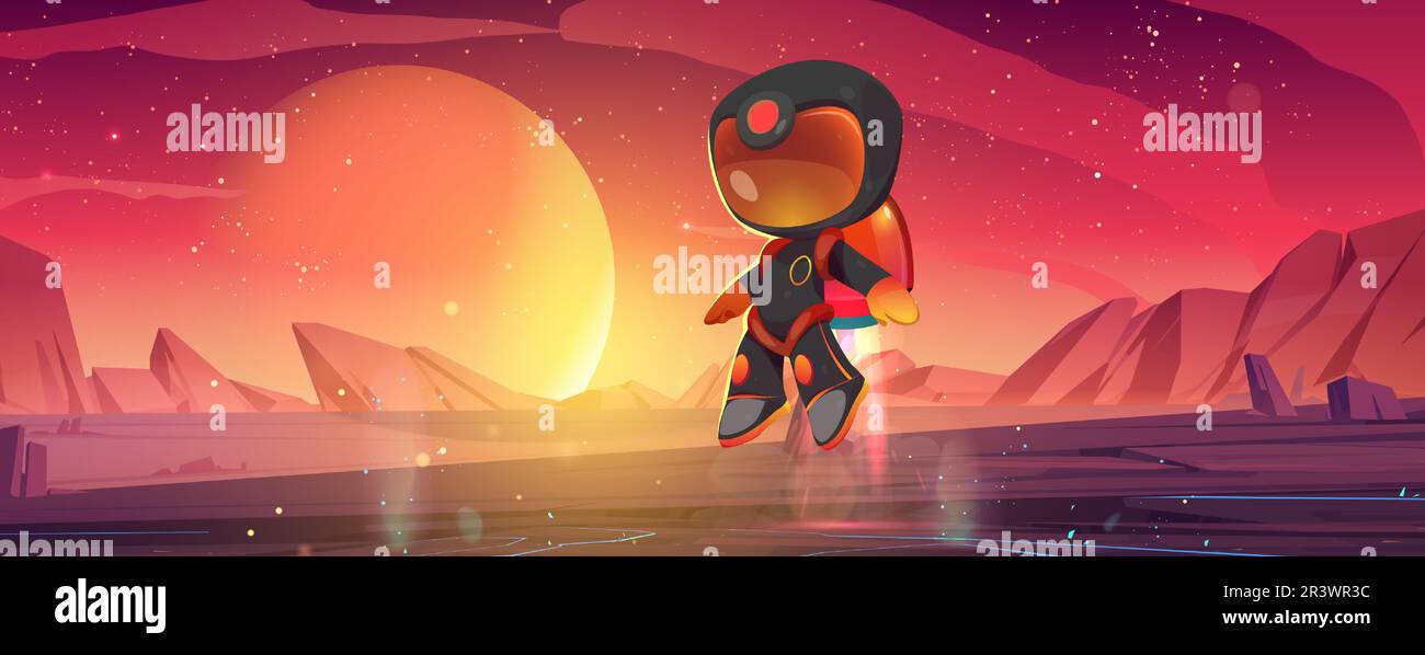 Astronaut character landing on alien planet surface. Vector cartoon ...