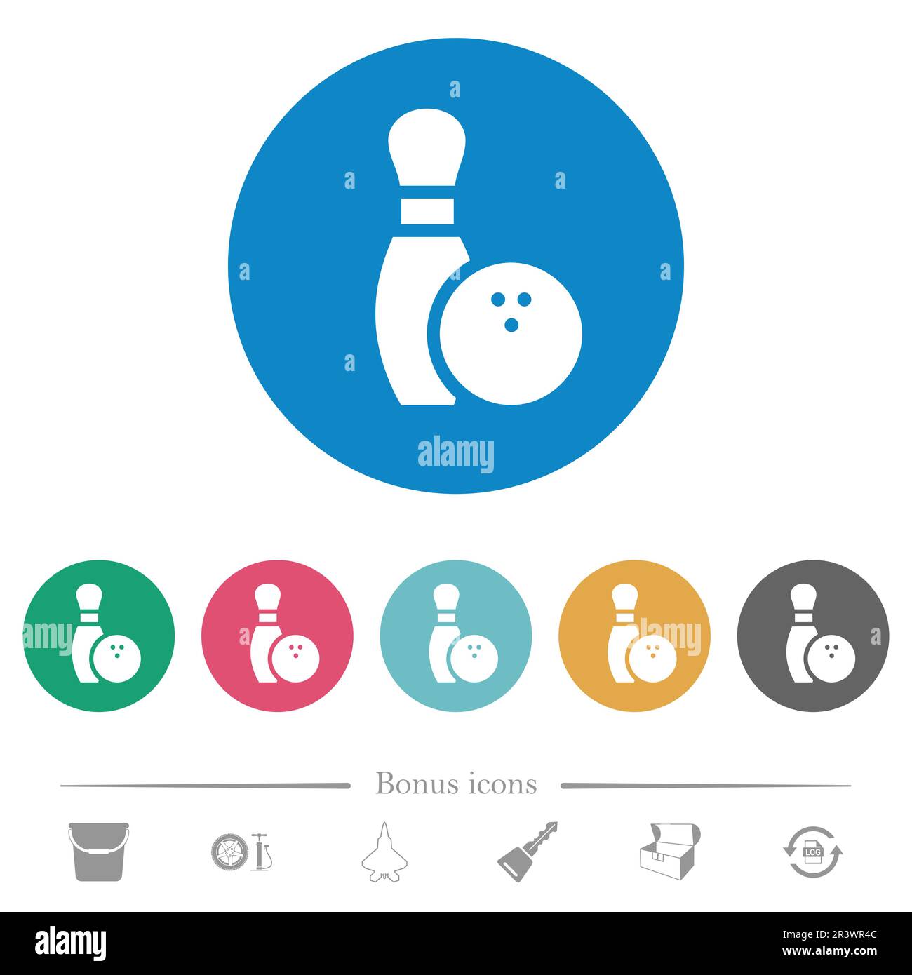 Bowling pin and ball solid flat white icons on round color backgrounds. 6 bonus icons included ...