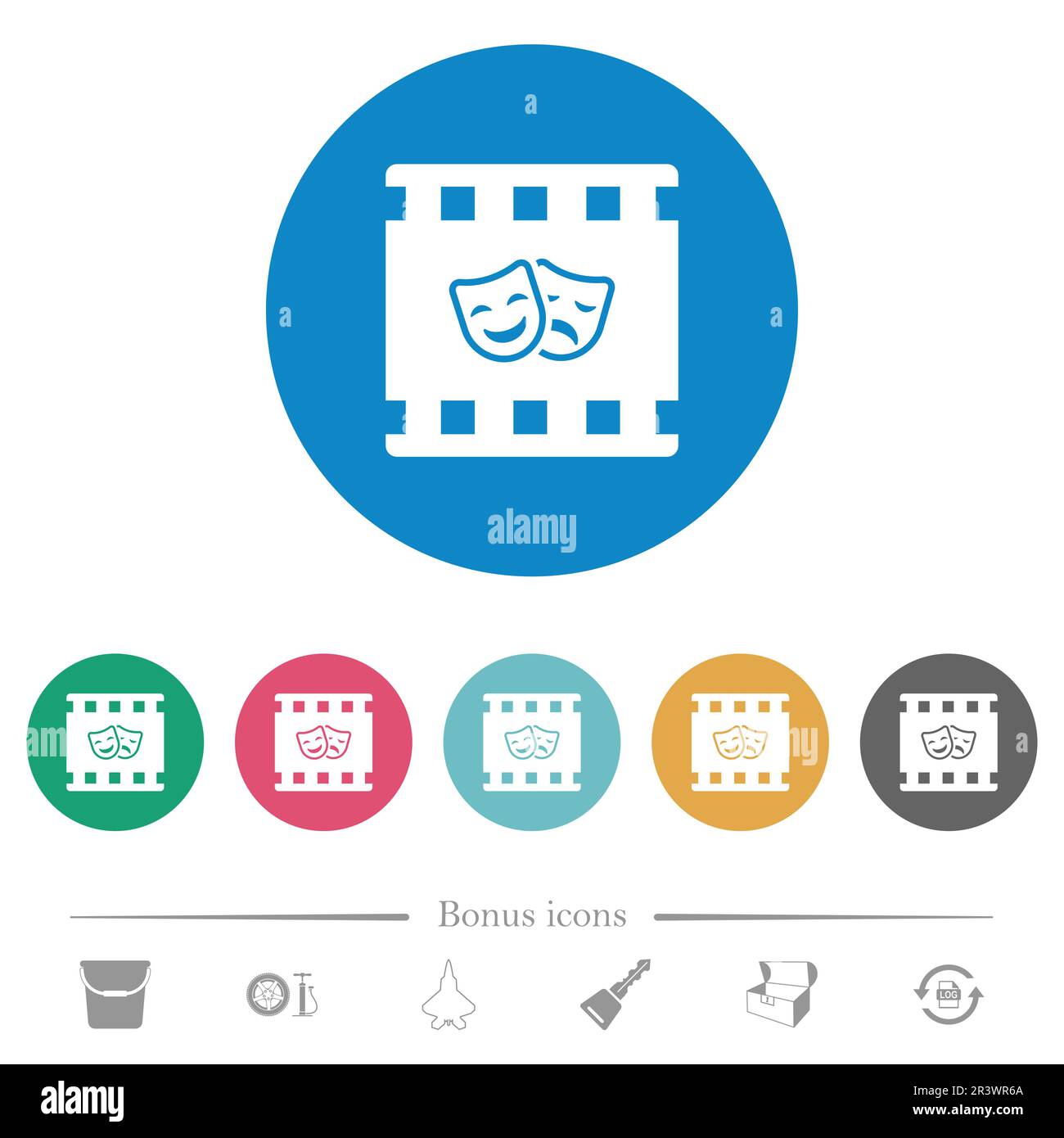 Theatrical movie flat white icons on round color backgrounds. 6 bonus ...