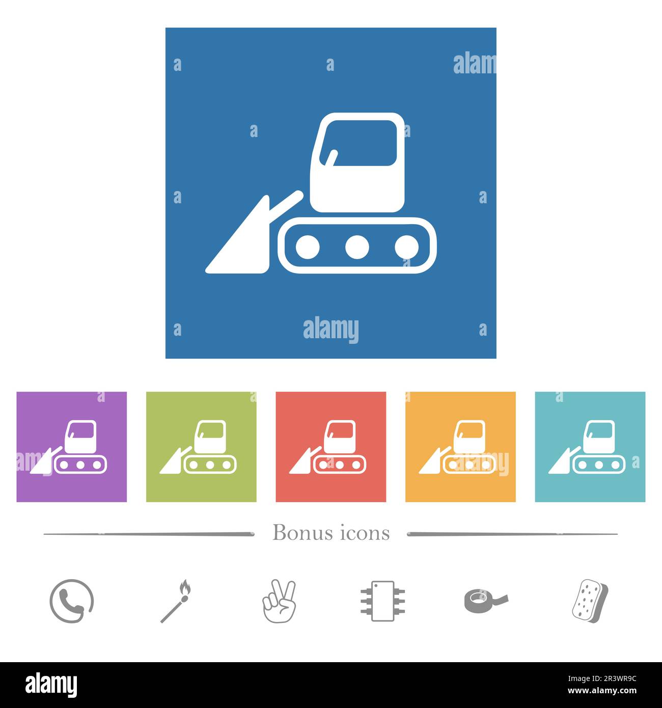 Snow shovel tractor flat white icons in square backgrounds. 6 bonus ...