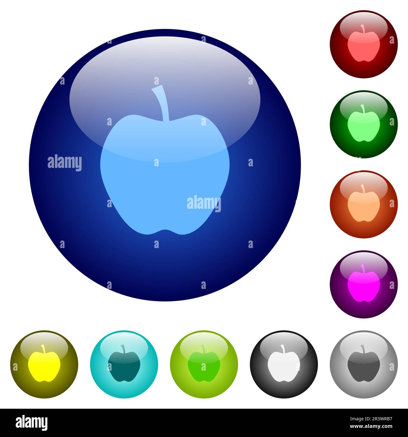 Apple solid icons on round glass buttons in multiple colors. Arranged layer structure Stock ...