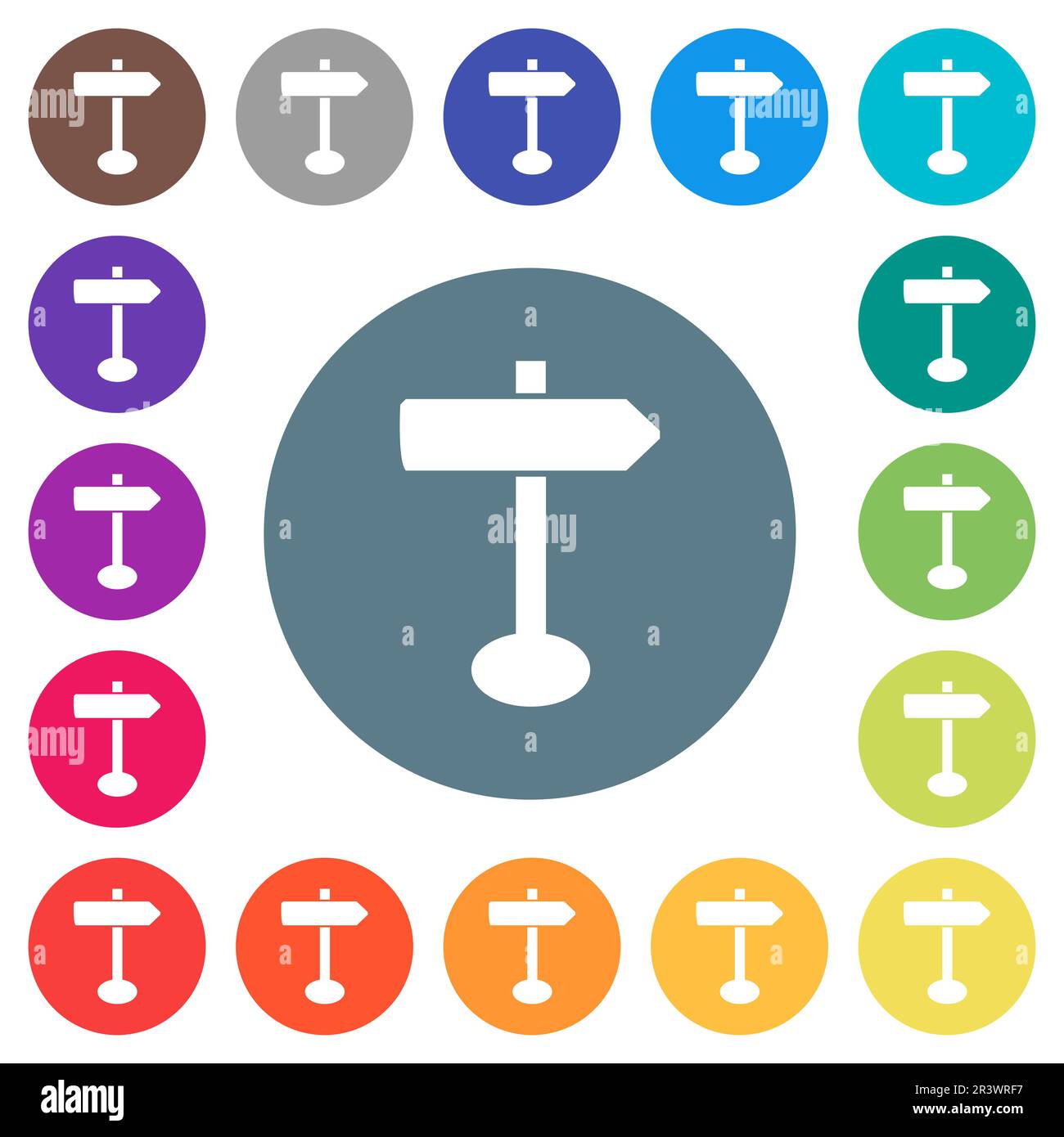 Blank arrow sign post solid flat white icons on round color backgrounds ...