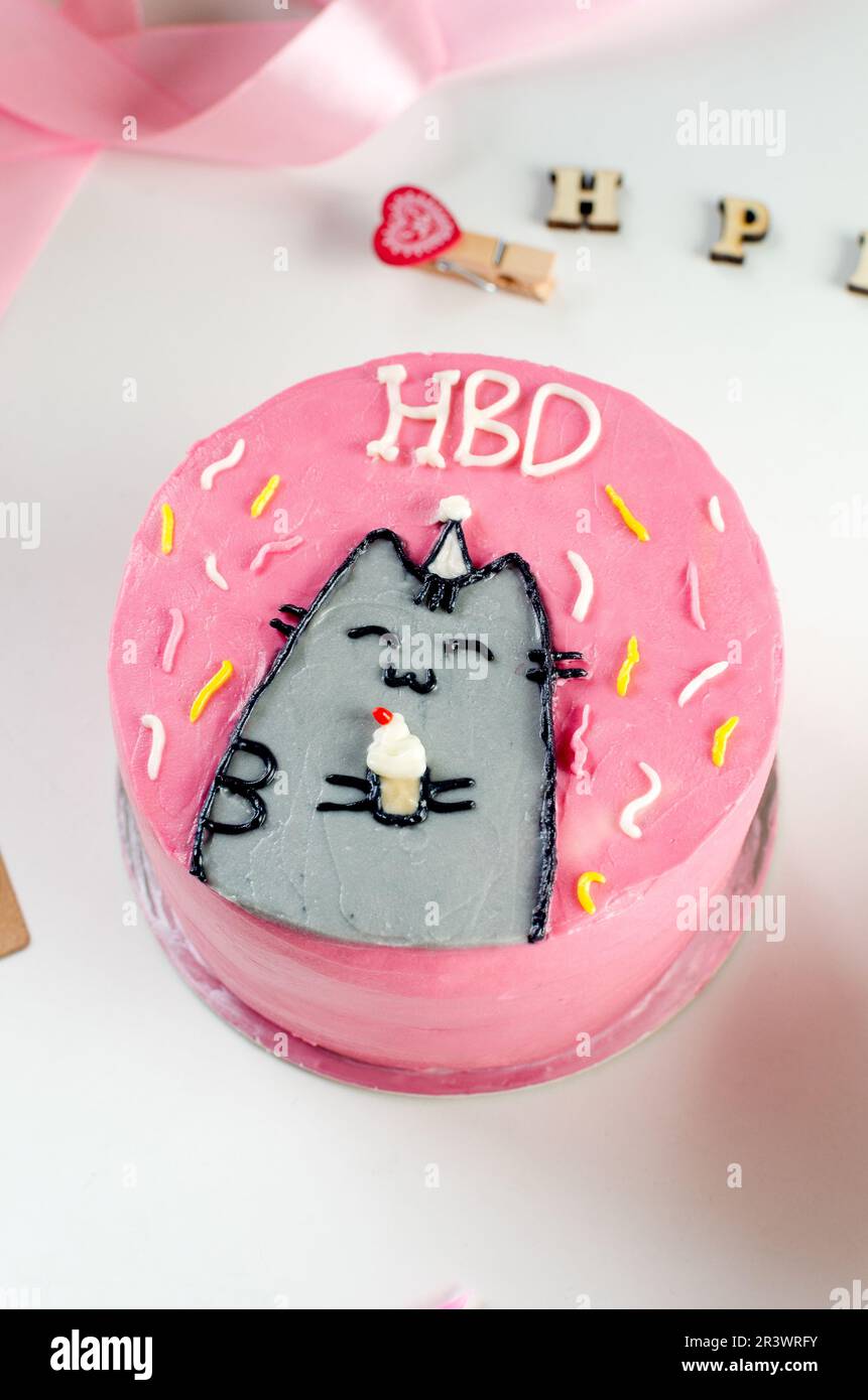 Trendy bento cake pink color with cute decor on light background. Cake ...