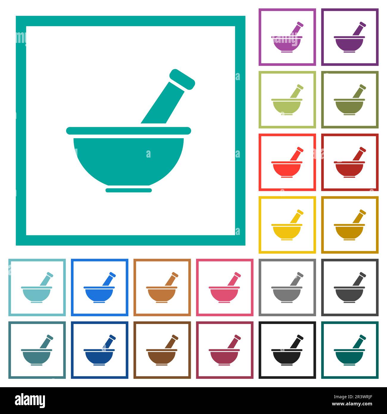 Mortar and pestle solid flat color icons with quadrant frames on white background Stock Vector ...