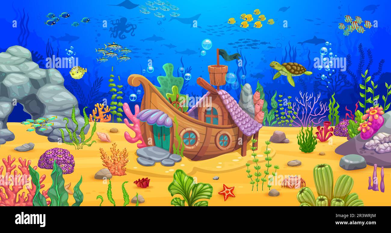 Cartoon underwater sea landscape with sunken boat and seaweeds. Wooden ...
