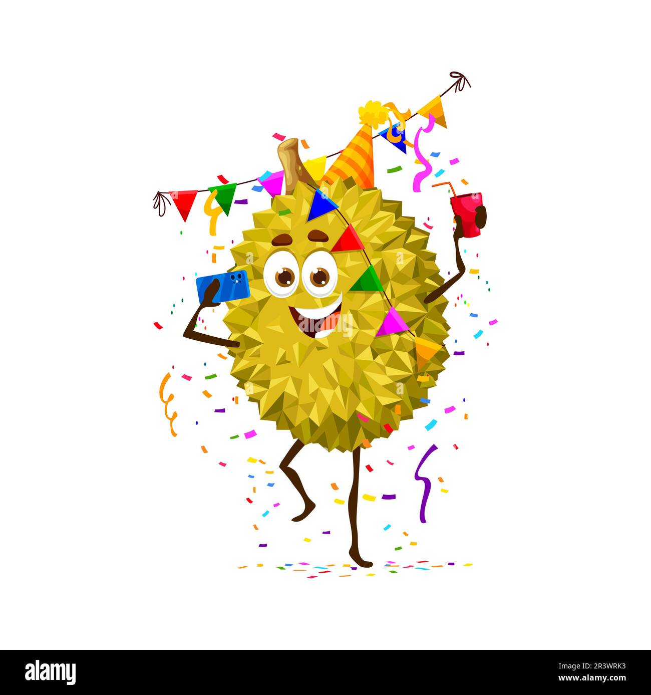 Cartoon cheerful durian fruit character on birthday holiday ...
