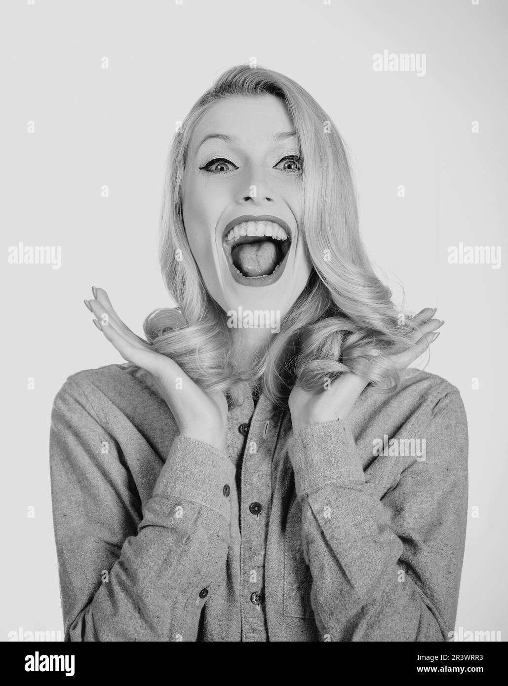 Shocked face of surprised young woman. Funny female shocked face ...